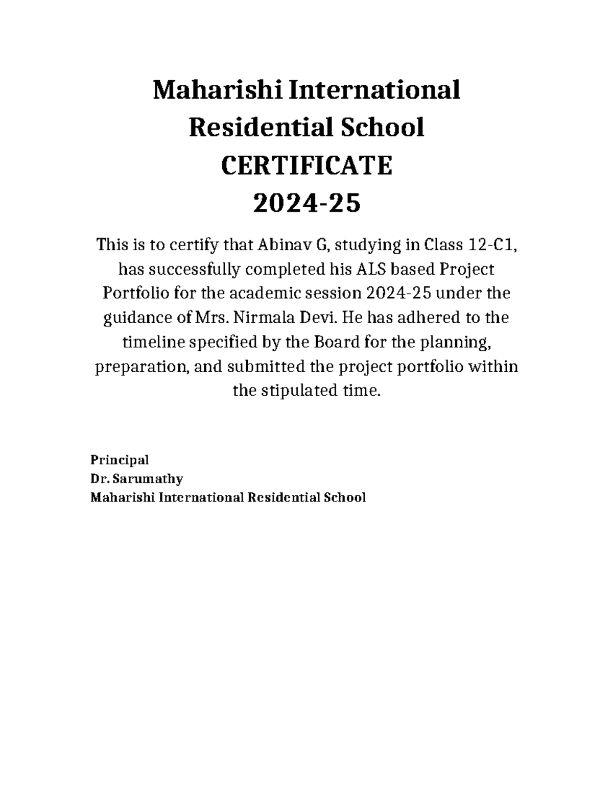 Maharishi International Residential School Certificate - Maharishi International Residential ...