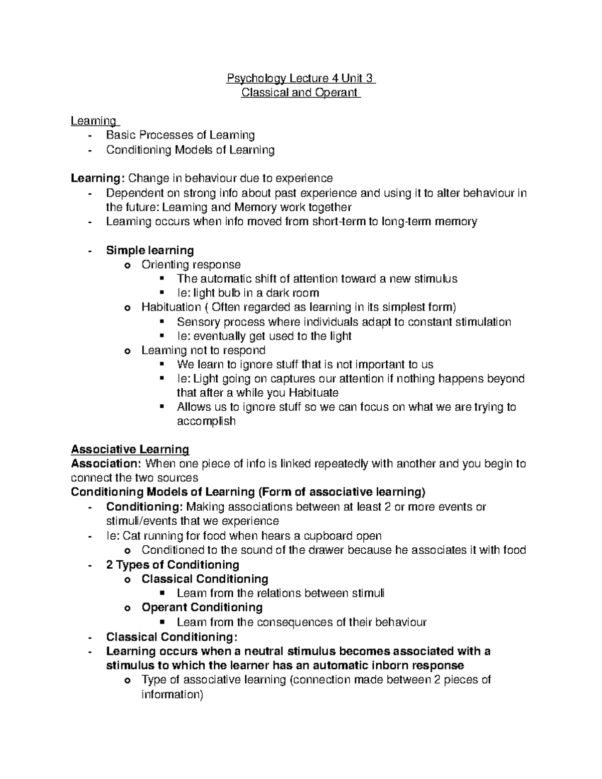 Psychology Lecture 4 Unit 3 - Psychology Lecture 4 Unit 3 Classical and ...