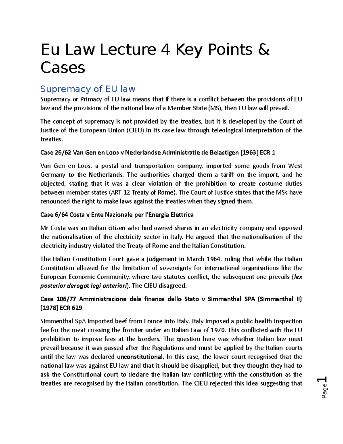 EU Law Lecture 4 Key Points and cases - Eu Law Lecture 4 Key Points & Cases Supremacy of EU law ...