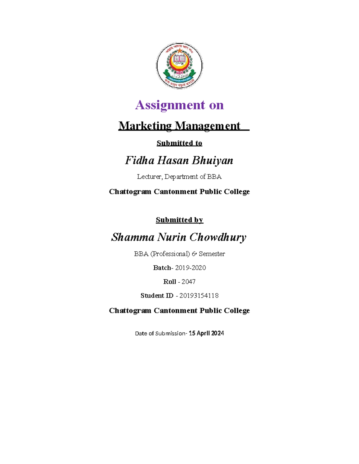 Marketing Assignment - Assignment on Marketing Management Submitted to ...