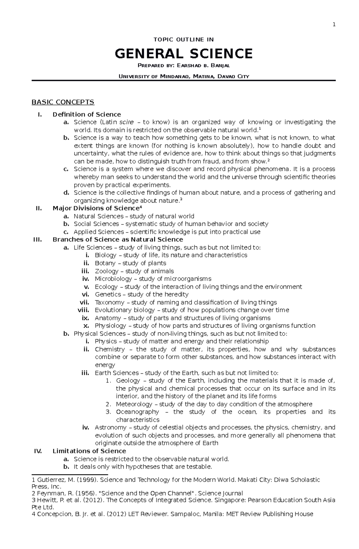 Hand Out General Science - TOPIC OUTLINE IN GENERAL SCIENCE PREPARED BY ...