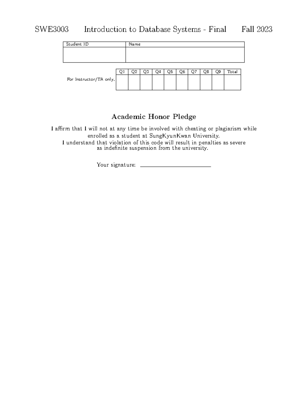 DB Final 2023 Fall-solution-1 - SWE3003 Introduction to Database Systems - Final Fall 2023 ...