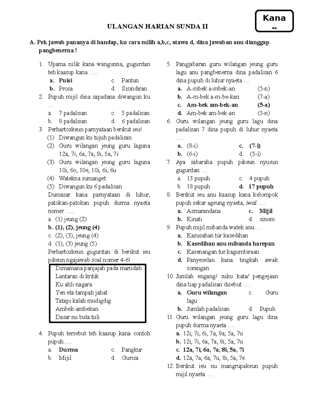 Ulangan Harian Bahasa Sunda Kelas 8 (Guguritan) Kanan - ULANGAN HARIAN ...