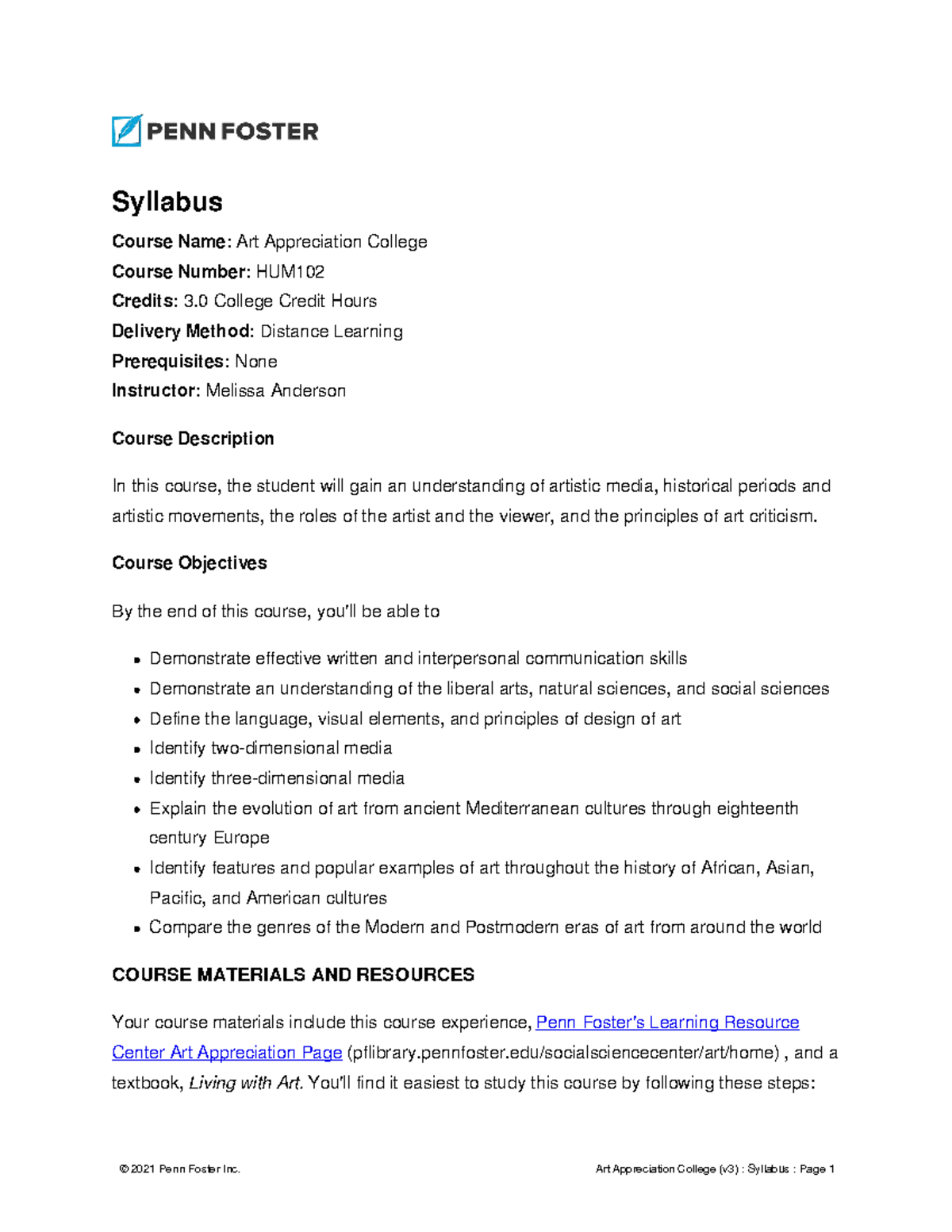 LS6665 - Syllabus Course Name: Art Appreciation College Course Number ...