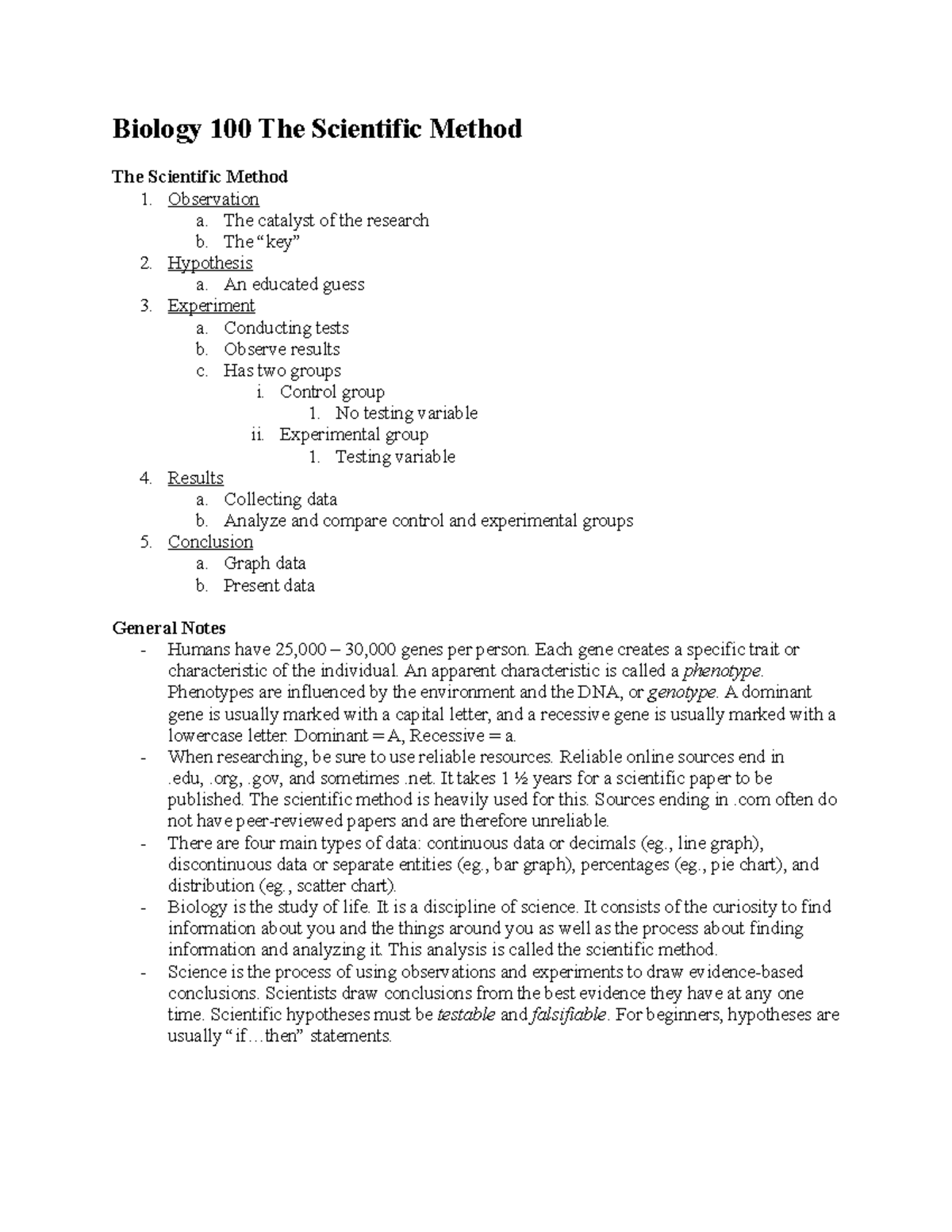 Biology 100: The Scientific Method and Genetics - Studocu
