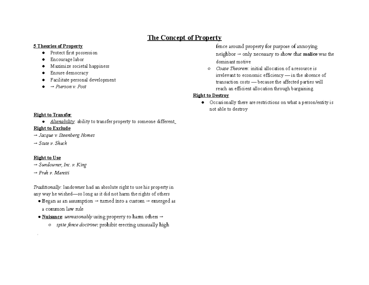 Real Property Outline - The Concept of Property 5 Theories of Property ...
