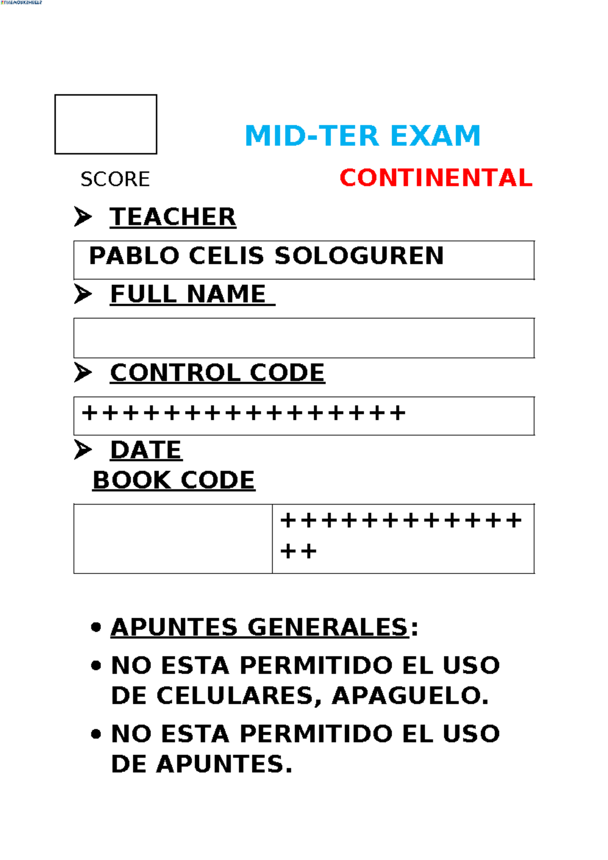 MID-TERM EXAM Continental - MID-TER EXAM SCORE CONTINENTAL TEACHER ...