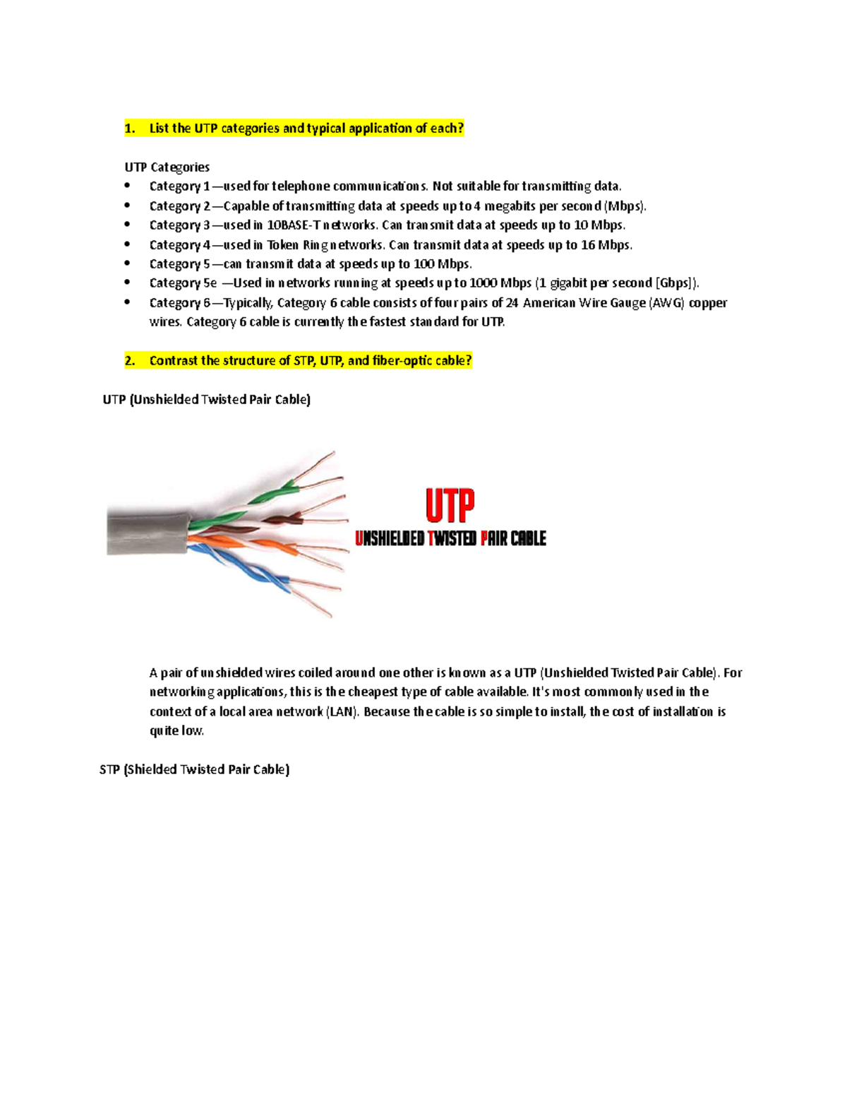 Activity 6 Networking 1 UTP Categories - 1. List the UTP categories and ...