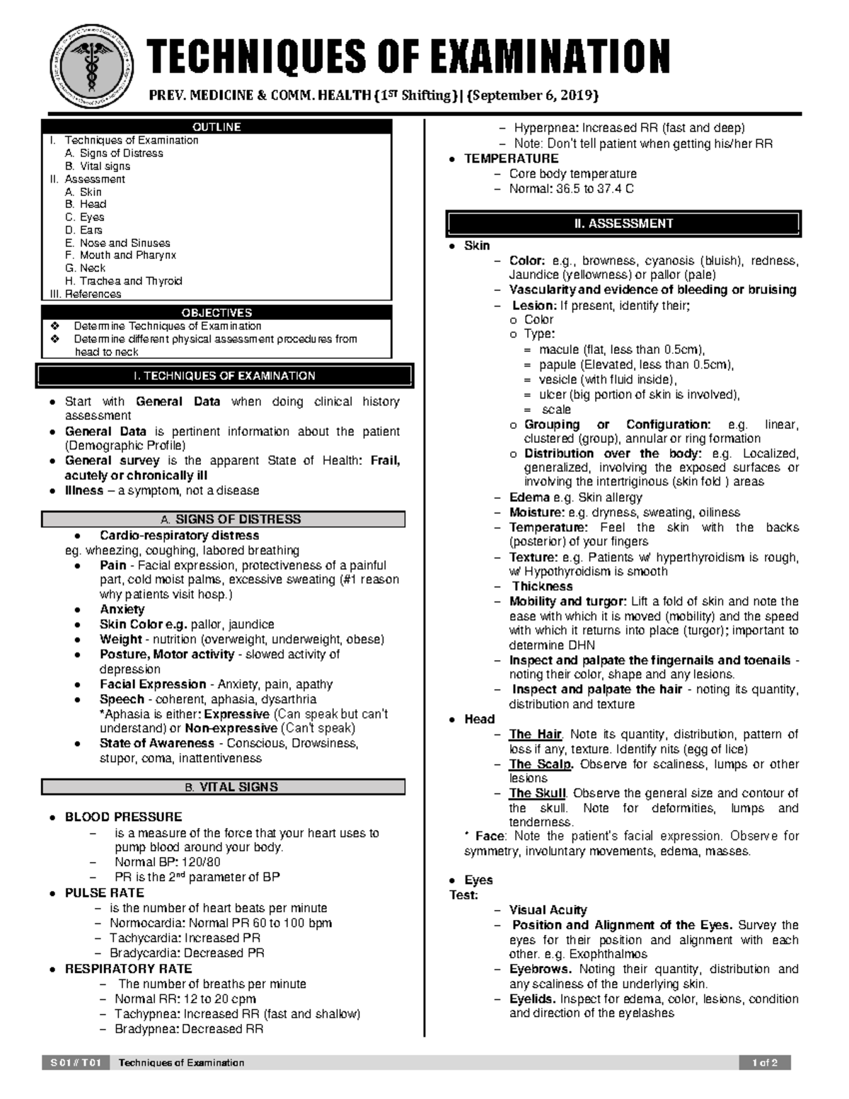 Techniques of Examination - Techniques of Examination A. Signs of ...