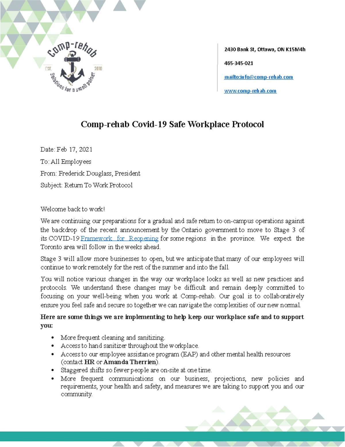 Memo Covid 19 - Assignment 2 - Comp-rehab Covid-19 Safe Workplace ...