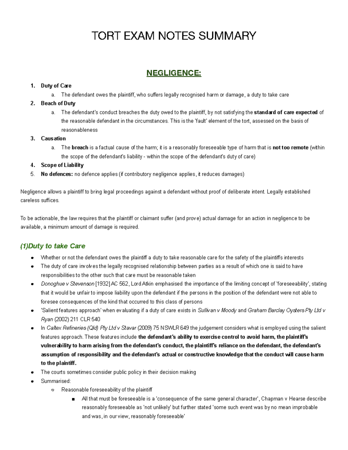TORT EXAM Notes Summary - TORT EXAM NOTES SUMMARY NEGLIGENCE: Duty of ...