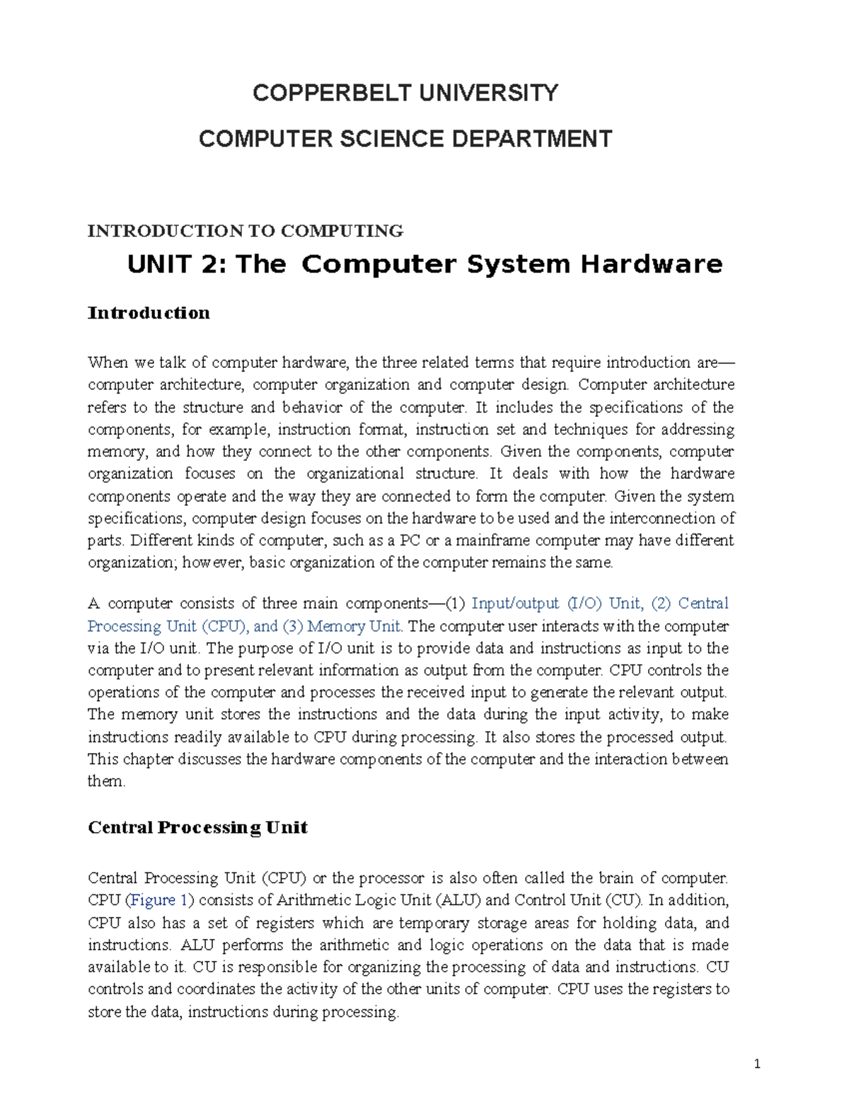 395755281 Unit 2 Computer System Hardware Copperbelt University Computer Science Department