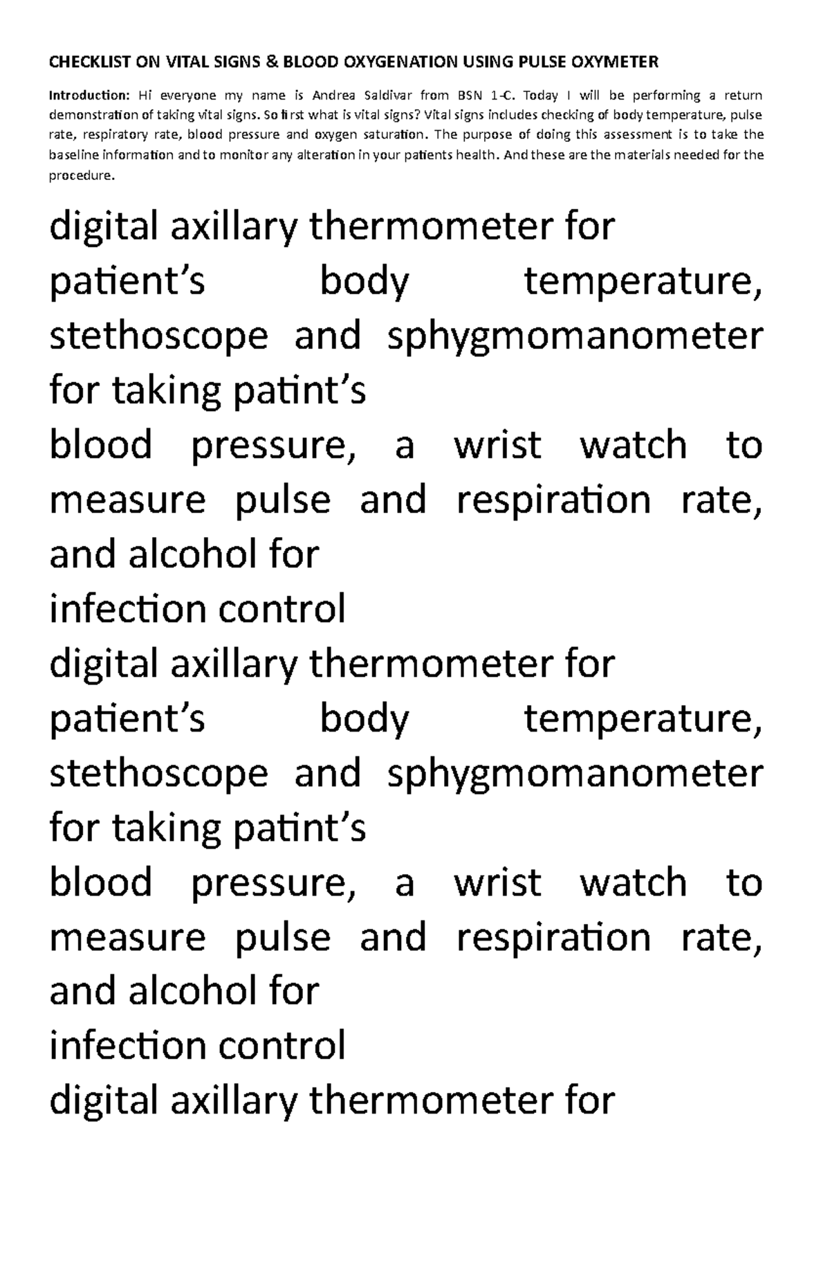 Vital Signs Retdem Script - CHECKLIST ON VITAL SIGNS & BLOOD OXYGENATION USING PULSE OXYMETER ...