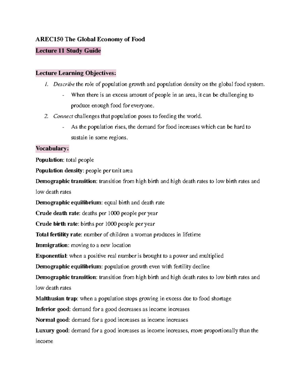 Module 5 Lecture 11 Study Guide - AREC150 The Global Economy of Food ...