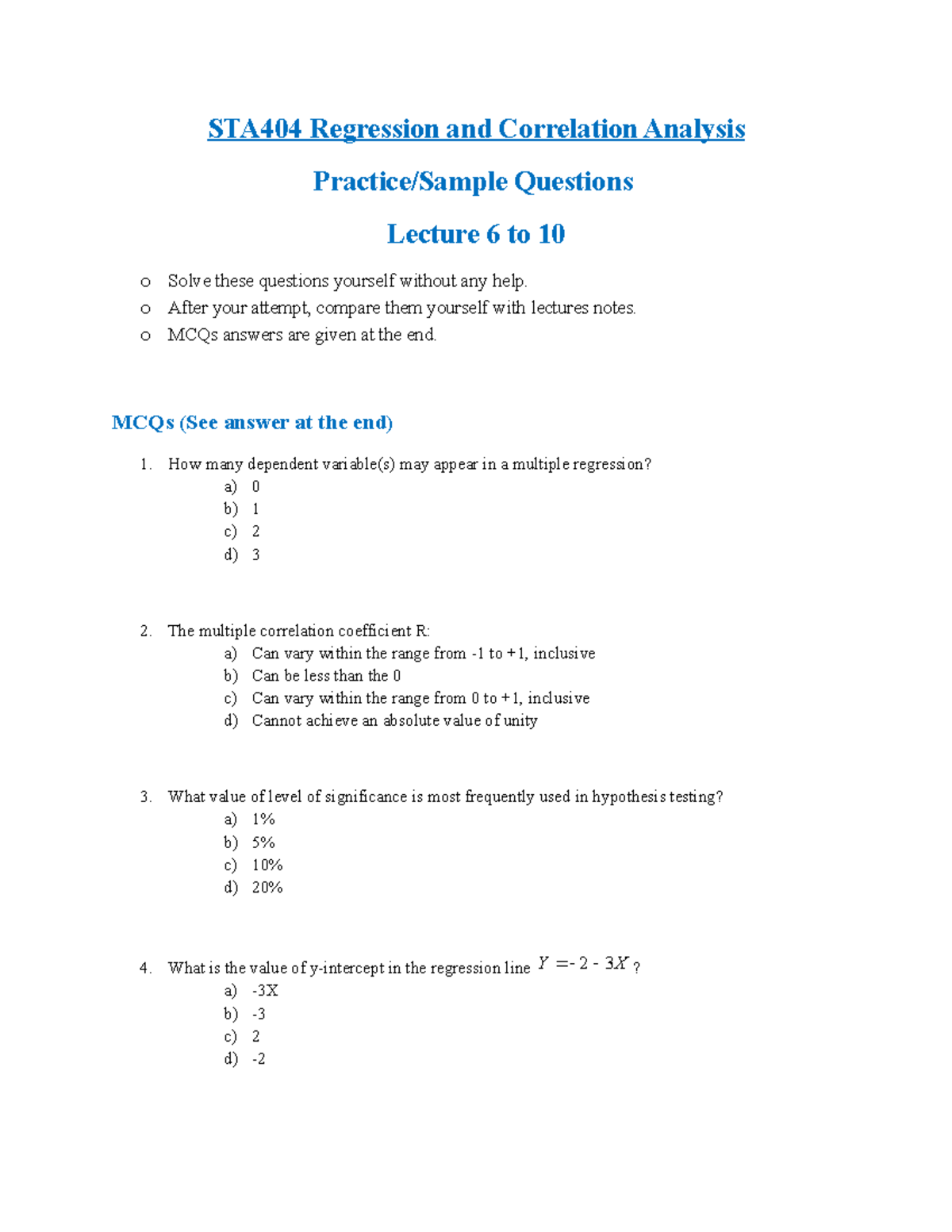 Practice Sample Questions STA404 (Lecture 6 to 10) - STA404 Regression ...