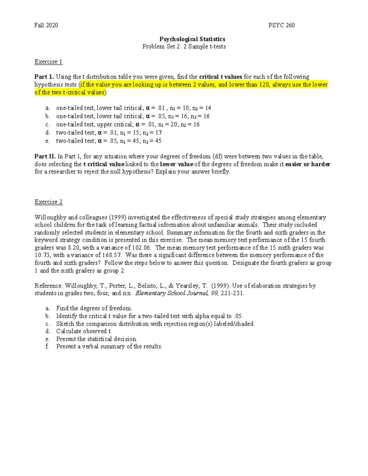 Two Samplet Prob Set 2F2020 - Fall 2020 PSYC 260 Psychological ...