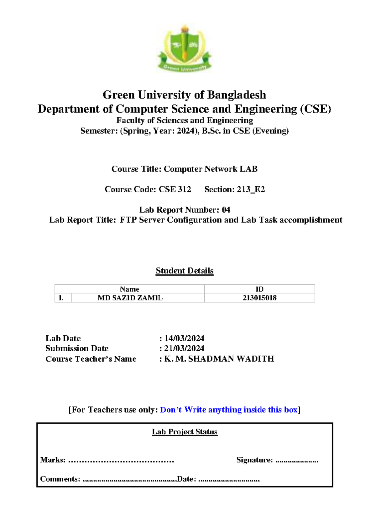 213015018 Lab Report 4 MD Sazid Zamil - Green University of Bangladesh ...