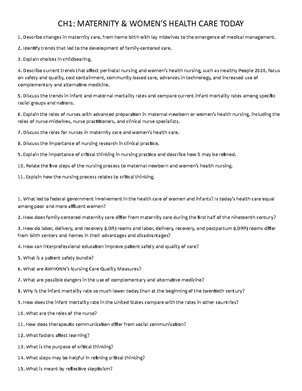 Week 1 Knowledge Book Checks - CH1: MATERNITY & WOMEN’S HEALTH CARE ...