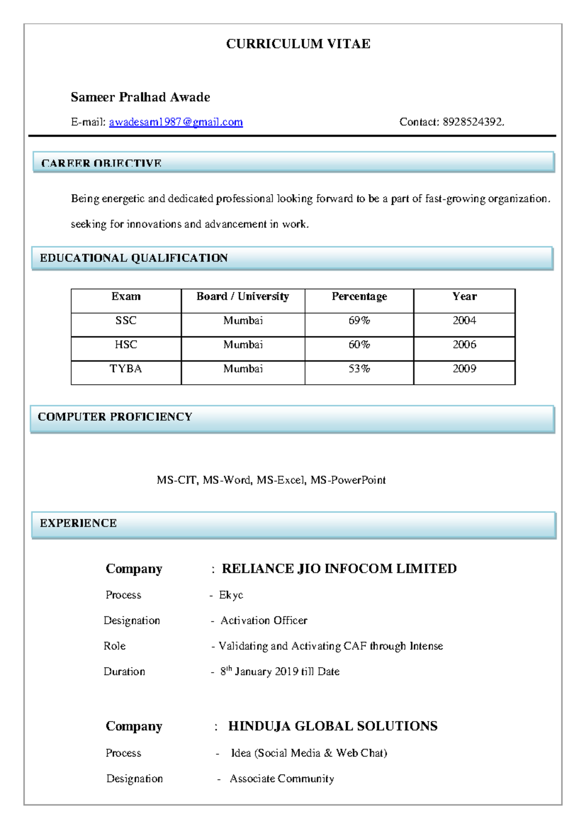 Sameer New Cv Lecture Notes Curriculum Vitae Sameer Pralhad Awade E