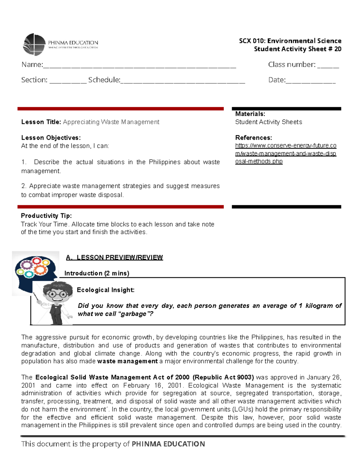 Lesson-20 - Lesson 20: Environmental science: activity sheet with ...