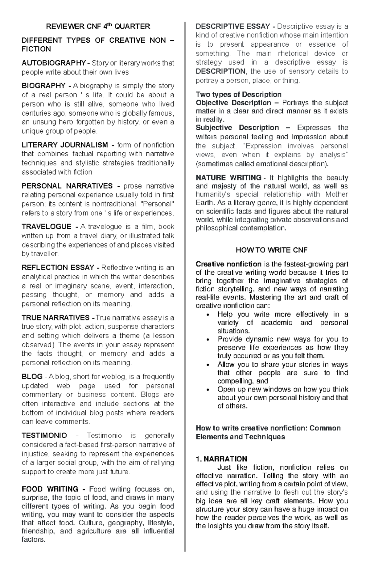 Reviewer CNF 4th Quarter - REVIEWER CNF 4th QUARTER DIFFERENT TYPES OF CREATIVE NON – FICTION ...