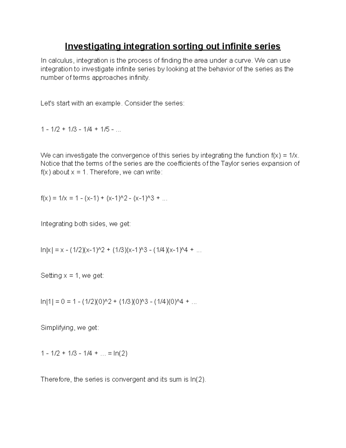Investigating integration sorting out infinite series - We can useintegration to investigate ...