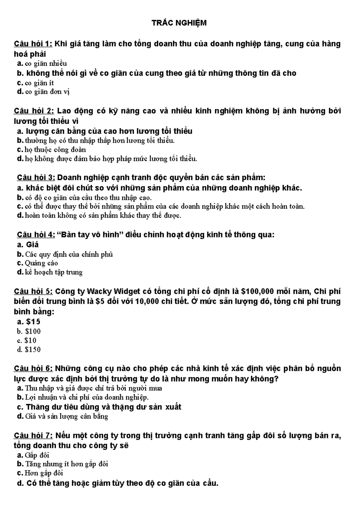 DE THI KTVM chinh thuc - KTVM - TRẮC NGHIỆM Câu hỏi 1: Khi giá tăng làm ...