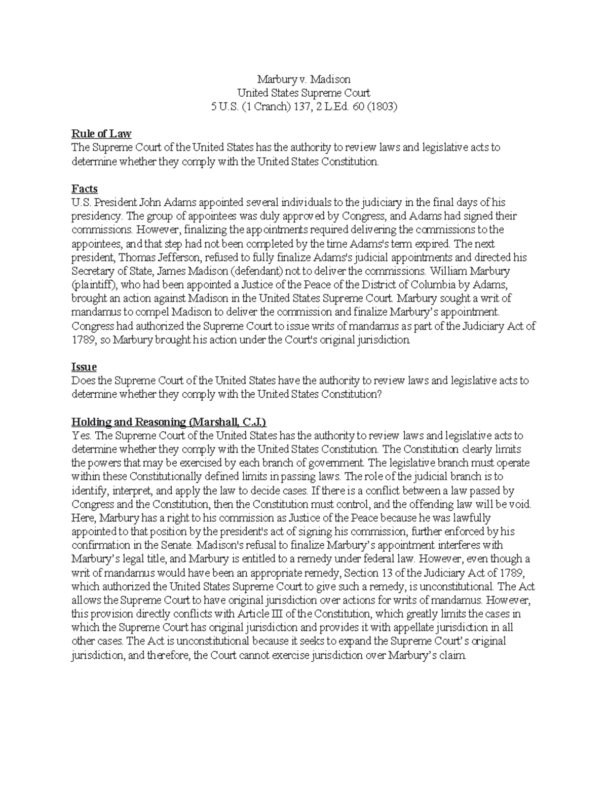 Marbury v. Madison - Summary Constitutional Law - Marbury v. Madison ...