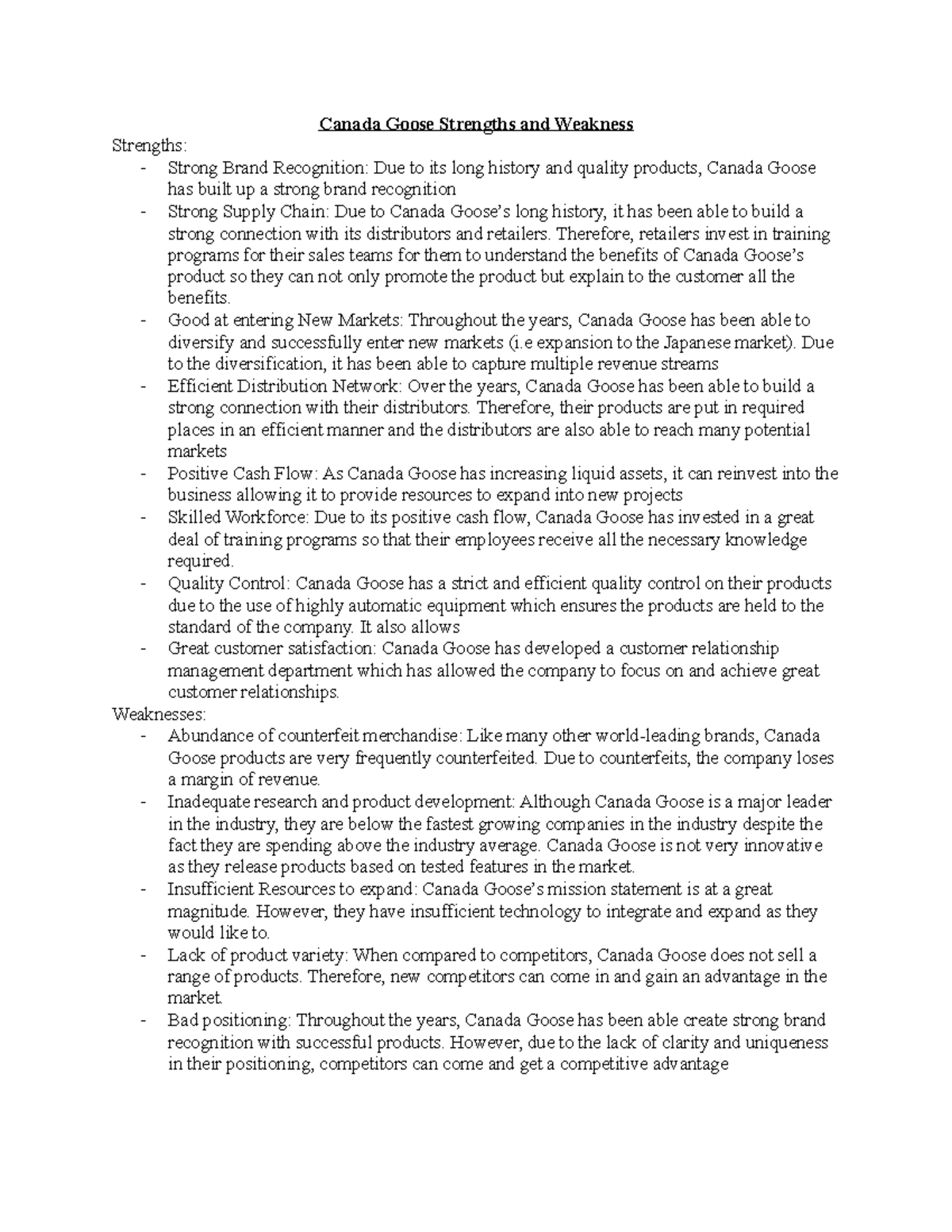 Canada Goose Strengths and Weakness - Canada Goose Strengths and ...