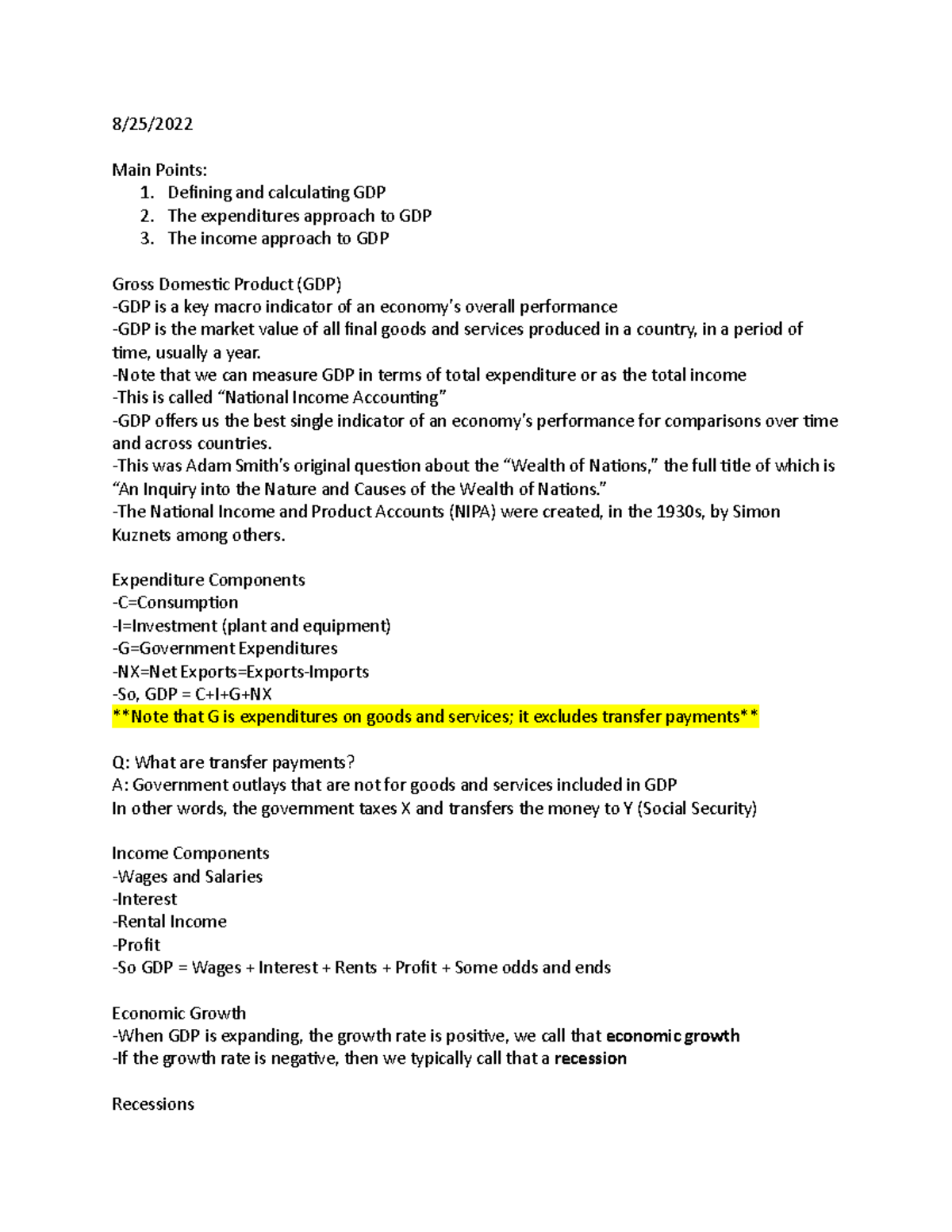 8:25 - class notes - 8/25/ Main Points: 1. Defining and calculating GDP ...