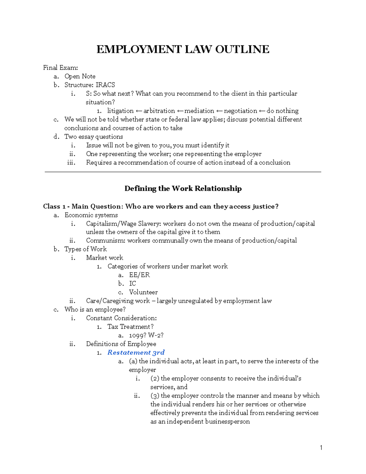 Employment Law Notes - EMPLOYMENT LAW OUTLINE Final Exam: a. Open Note ...