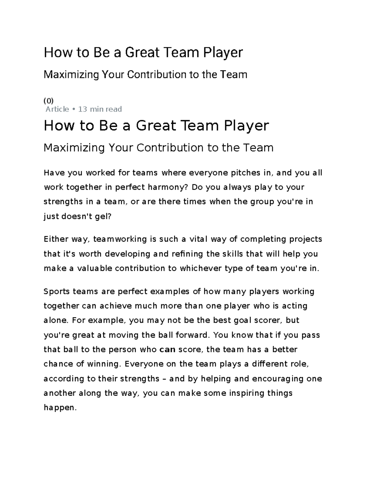 Mindtools Article How to be a great team player - How to Be a Great ...