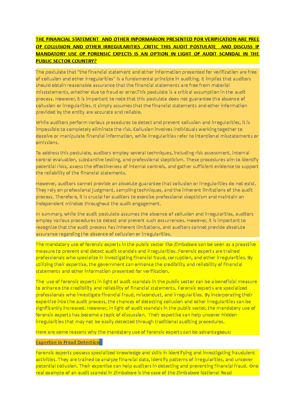 THE Financial Statement AND Other Informarion Presented FOR ...