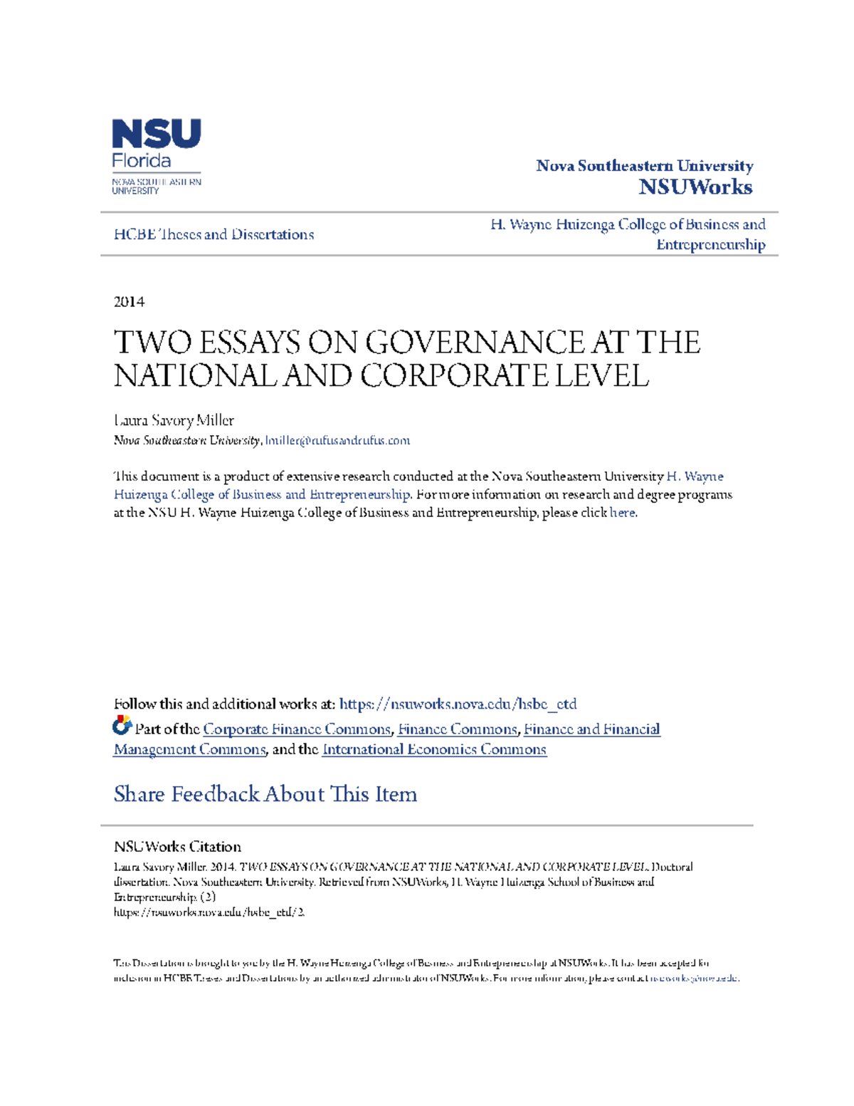 TWO Essays ON Governance AT THE National AND Corporate Level - Nova ...