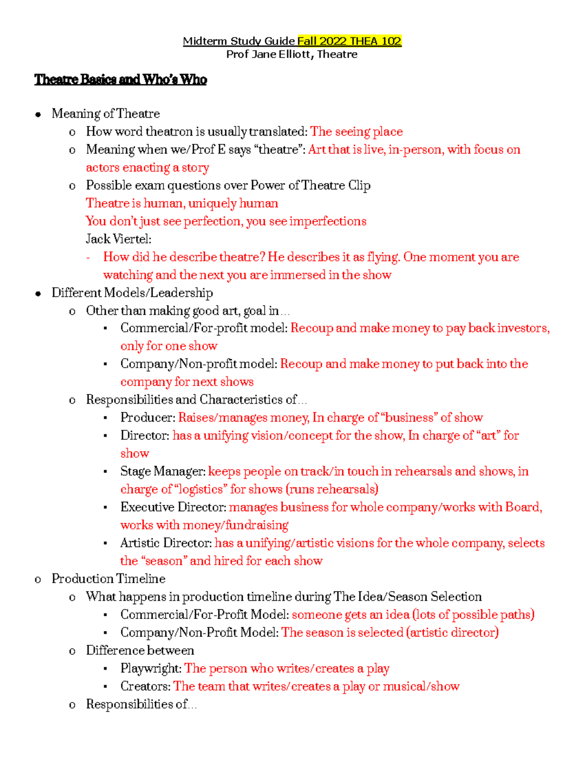 Study Guide THEA 102 Fall 2022 - Midterm Study Guide Fall 2022 THEA 102 ...