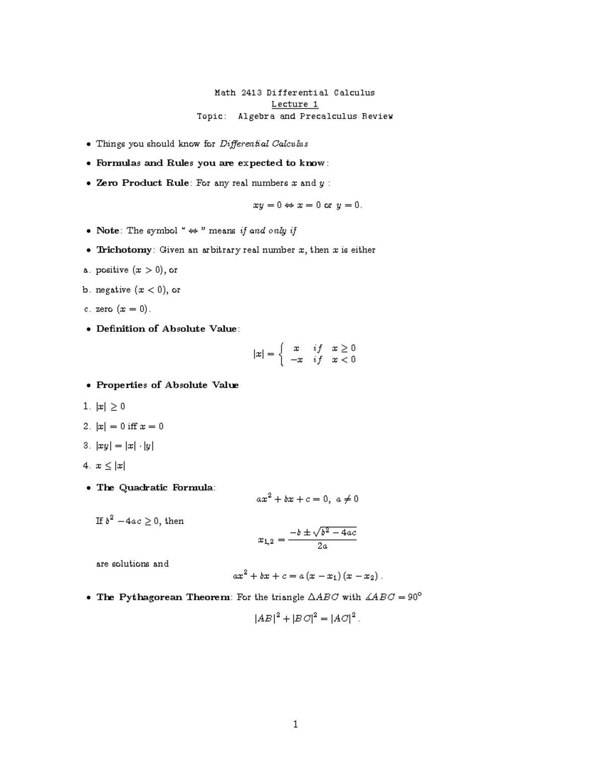 Lecture 1 Notes N 8v1okmh - Math 2413 Differential Calculus Lecture 1 ...