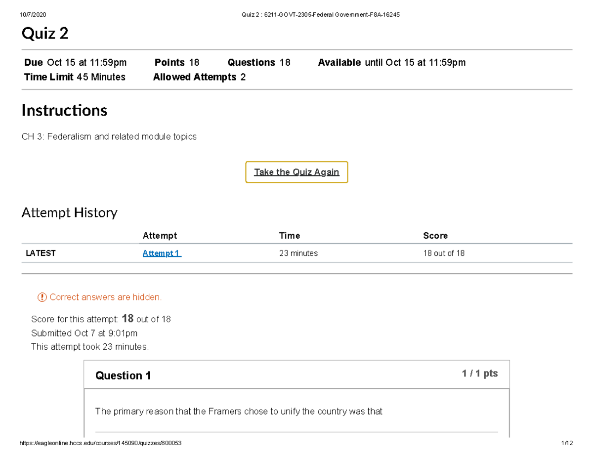 Quiz 2 6211-GOVT-2305-Federal Government-F8A-16245 - Quiz 2 Due Oct 15 at 11:59pm Points 18 ...