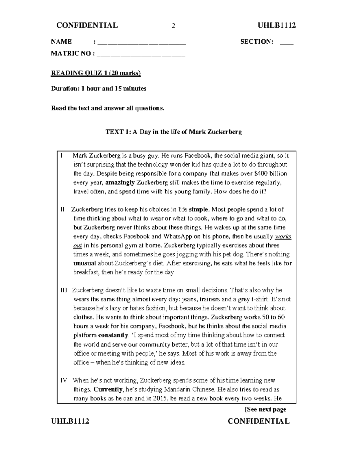 Reading QUIZ 1 (20%) - easy way - [See next page NAME ...