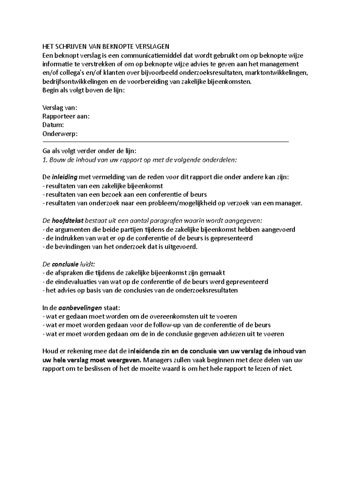 Rapport schrijven Engels (NL Versie) - HET SCHRIJVEN VAN BEKNOPTE ...