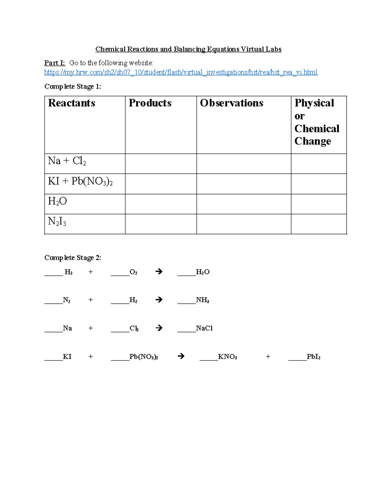Chemical Reactions and Balancing Equations Virtual Labs - - Studocu
