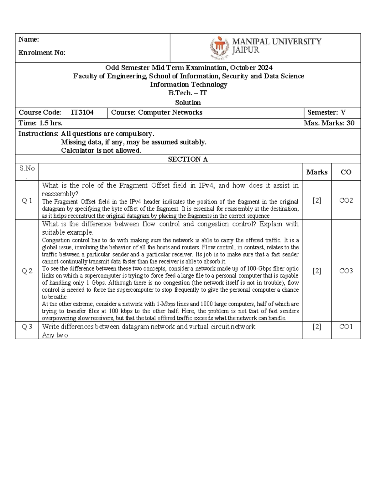 IT3104 CN MTE sol[20676 ] - Name: Enrolment No: Odd Semester Mid Term Examination, October 2024 ...
