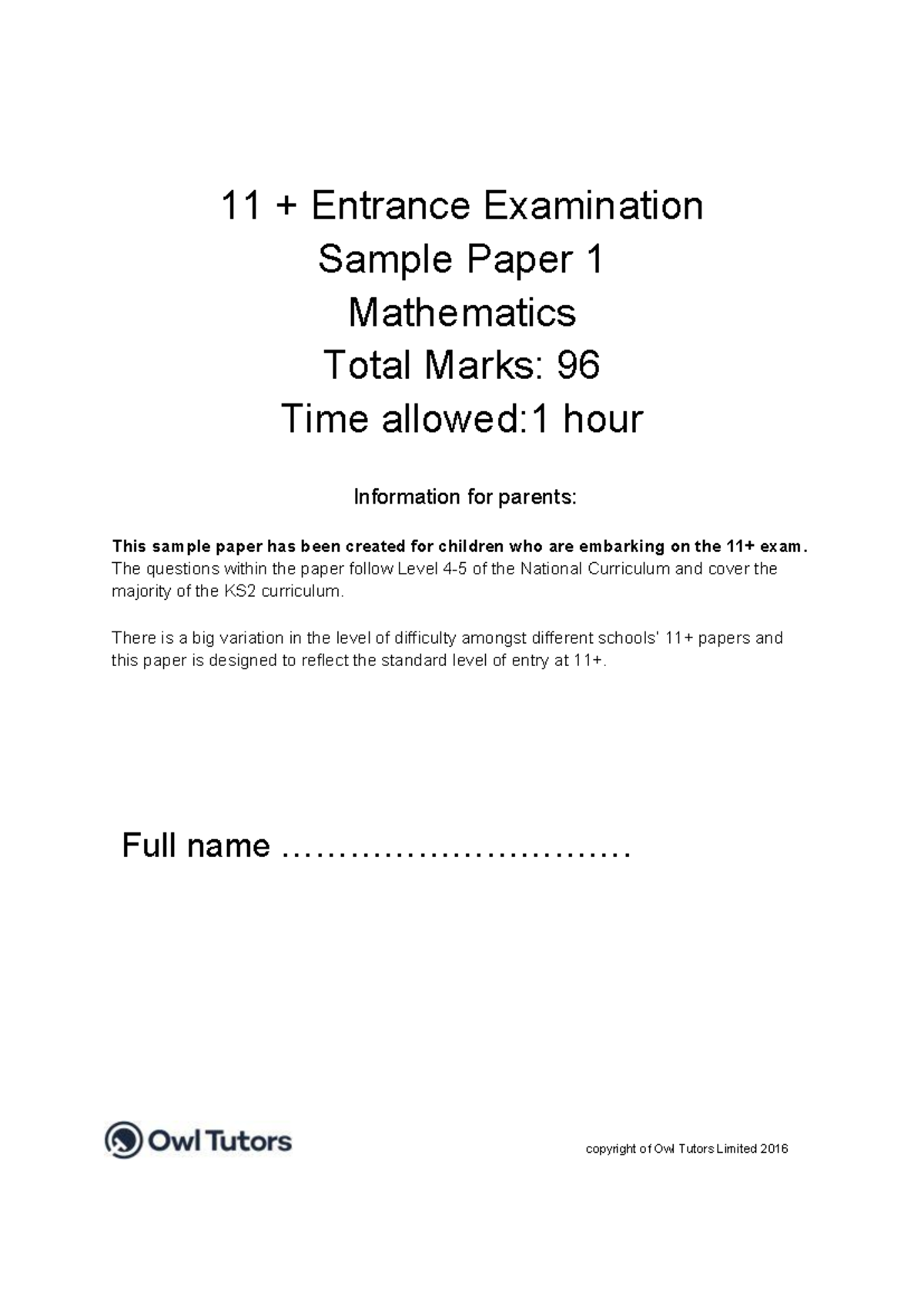 Maths-paper 1 - A level maths paper - 11 + Entrance Examination Sample ...