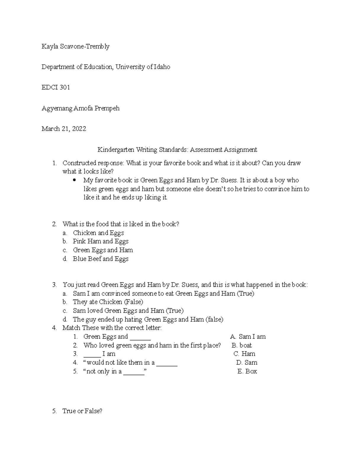 Assessment Assignment - Kayla Scavone-Trembly Department of Education ...