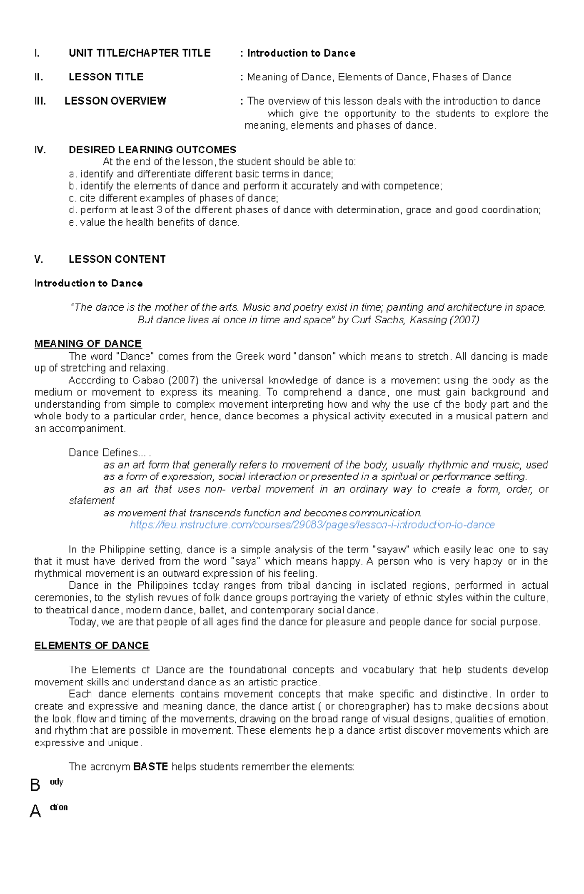 Introduction to Dance - I. UNIT TITLE/CHAPTER TITLE : Introduction to ...