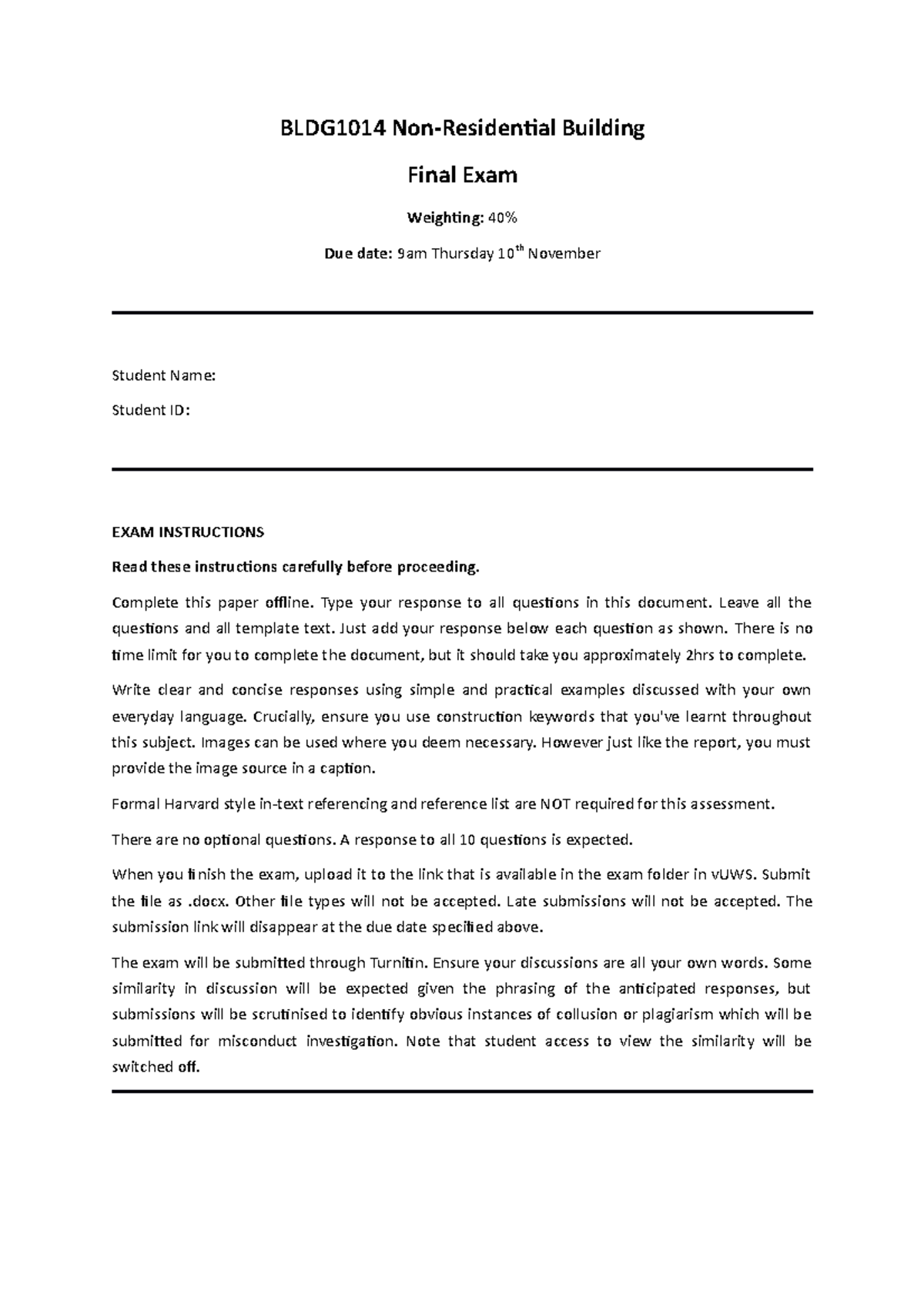 BLDG1014 Non-Residential Building Exam 2022 - BLDG1014 Non-Residential ...