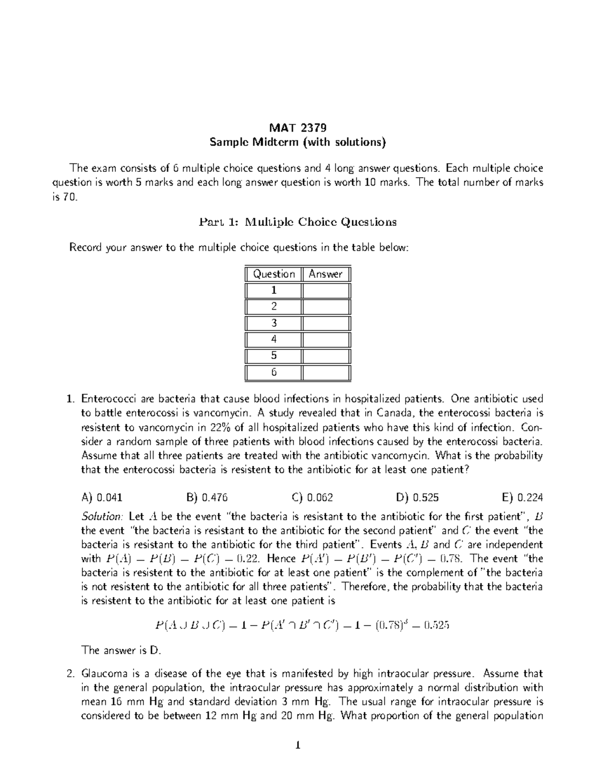 MAT2379 Sample Midterm - Each multiple choice question is worth 5 marks ...