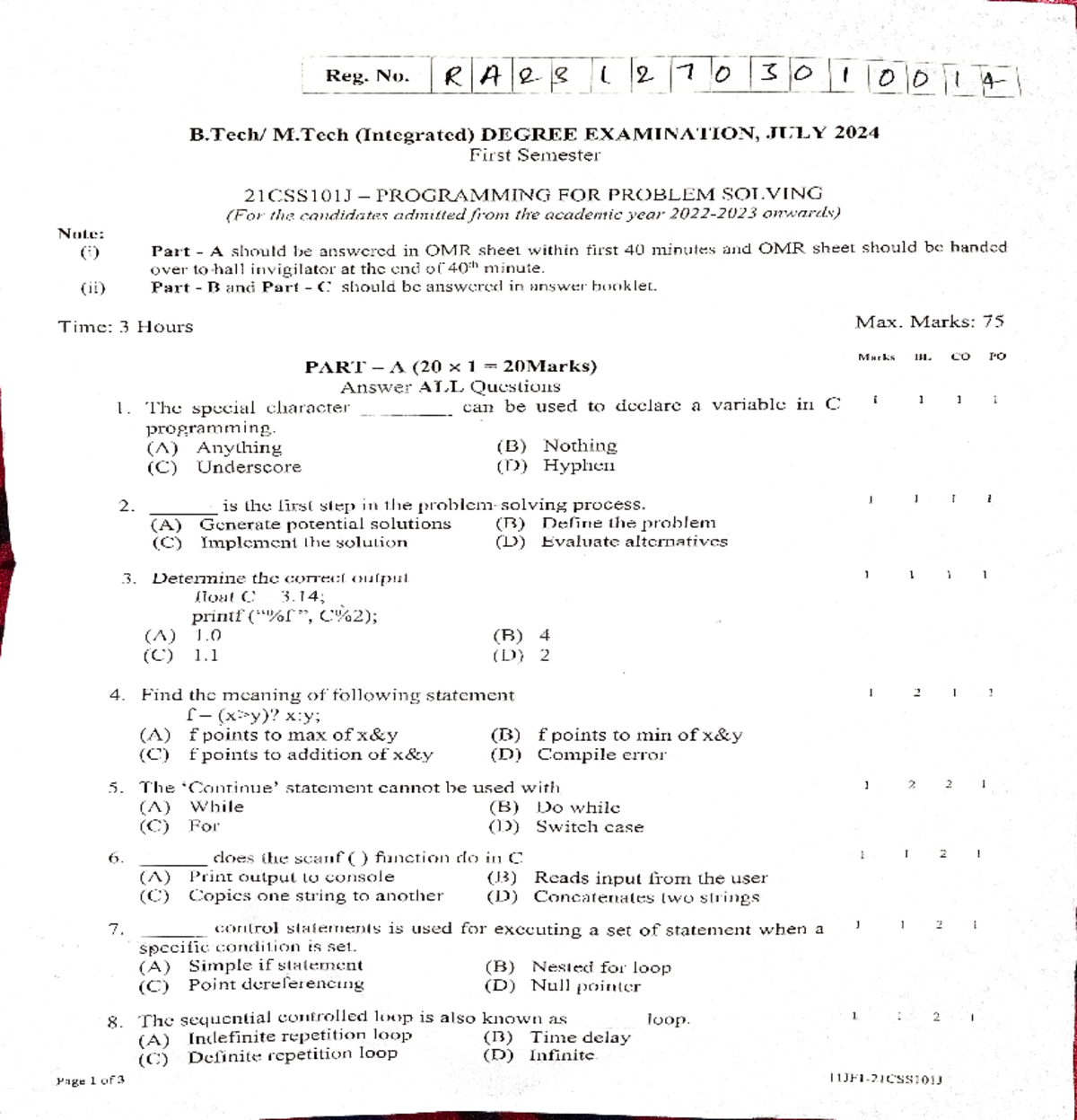 21CSC101J - Programming FOR Problem Solving JULY'24 - Note: (i) (ii) Time: 3 Hous 6. 7. 2. 8. 1 ...