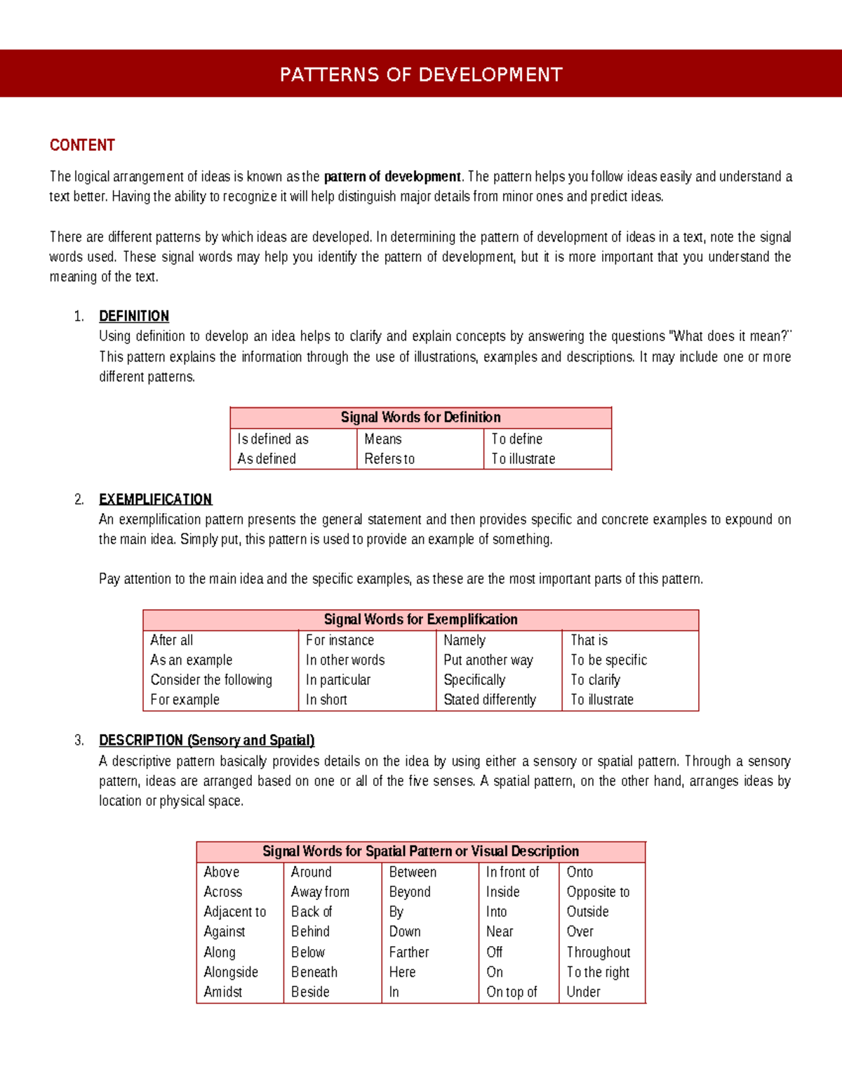 2 Handouts Patterns of Development - CONTENT The logical arrangement of ...