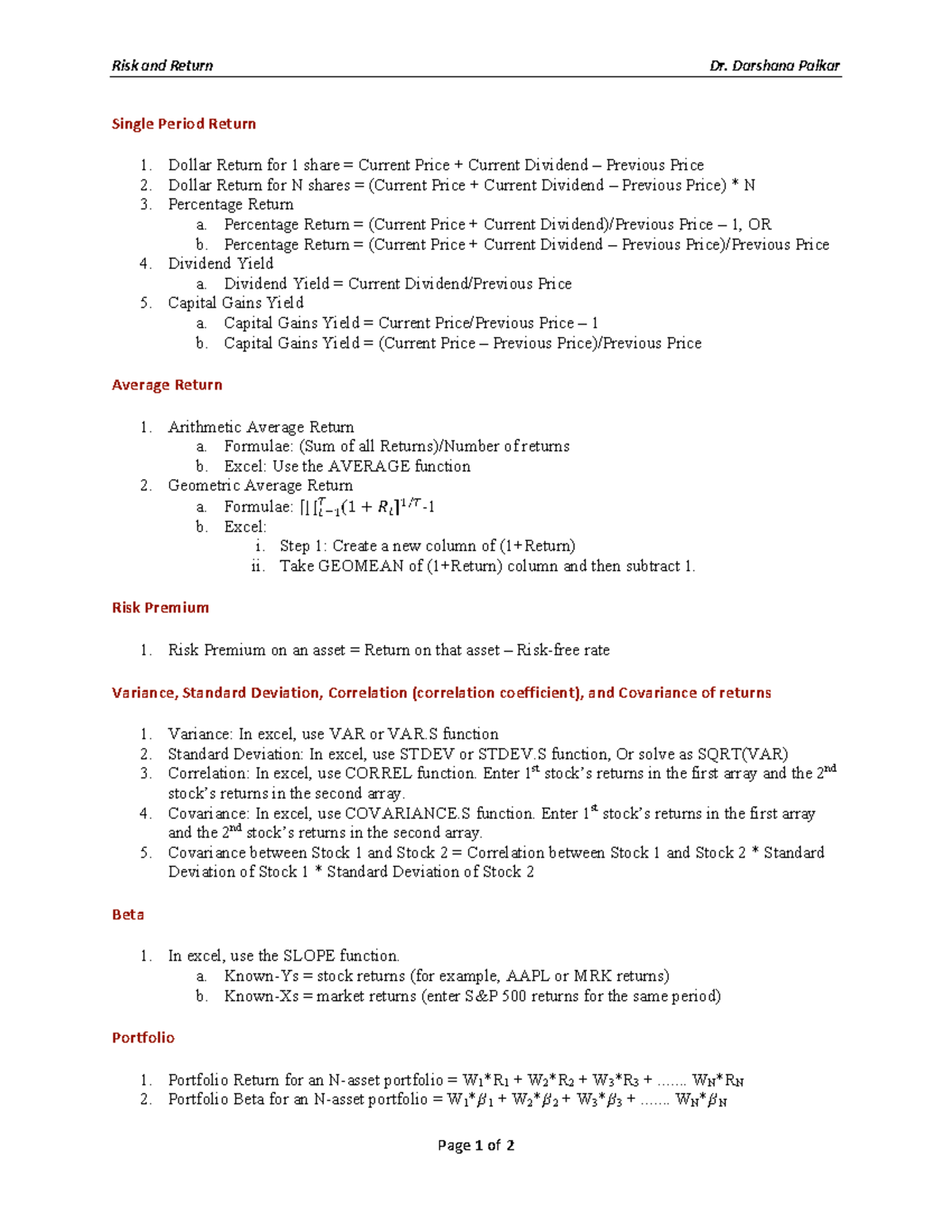437546833 Risk and Return- Formulas 8818160976668394 - Risk and Return ...