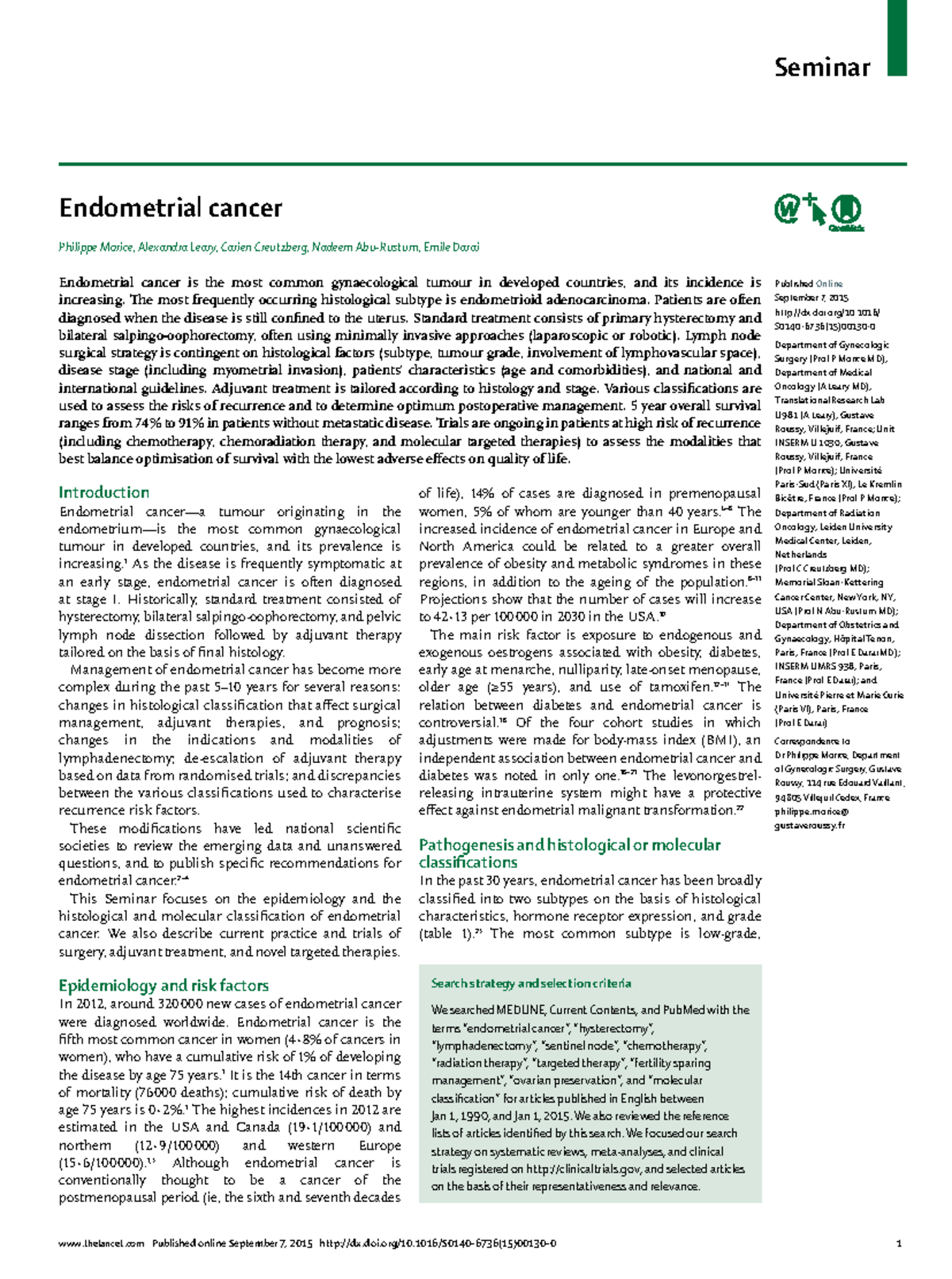Cander Endometrial The Lancer - Endometrial cancer Philippe Morice ...